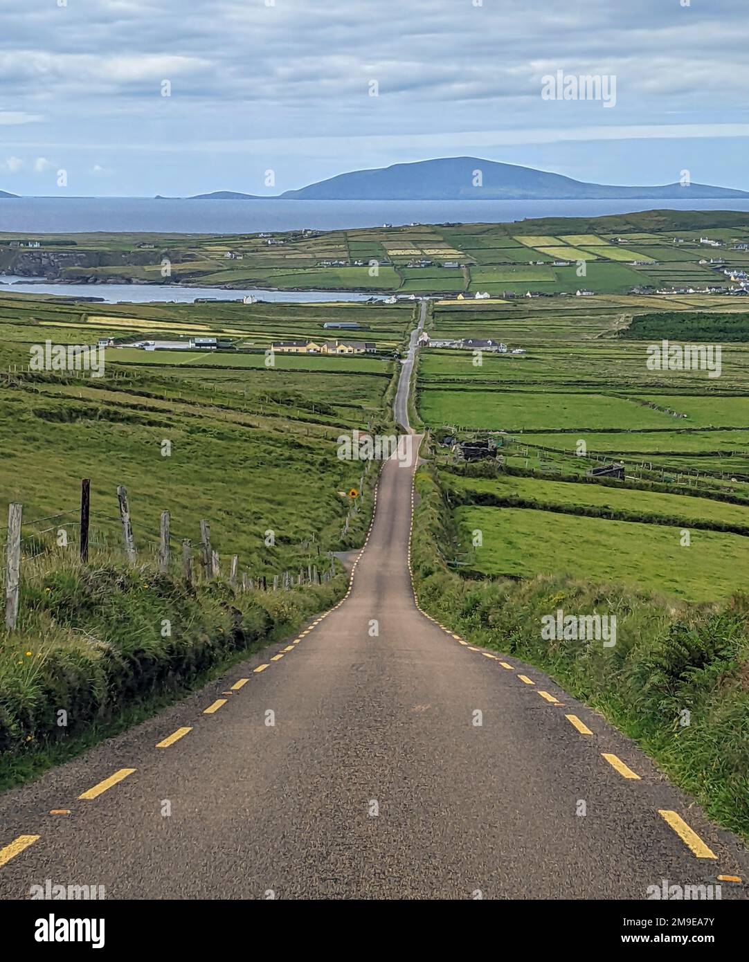 A vertical shot of the Skellig Ring Road between green fields in south ...