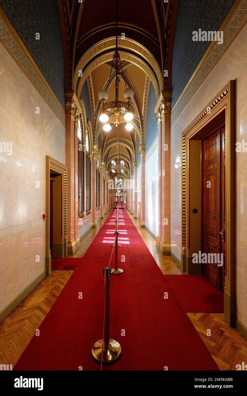 Parliament, corridor, interior view, Lipotvaros, Budapest, Hungary ...