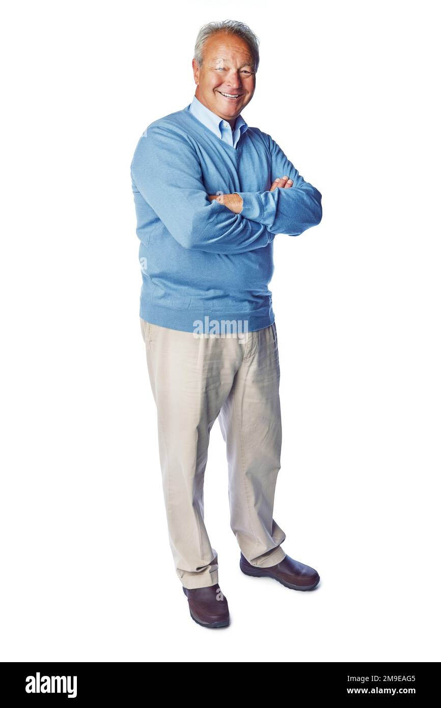 Senior man, happy in portrait and retirement, life insurance and arms ...