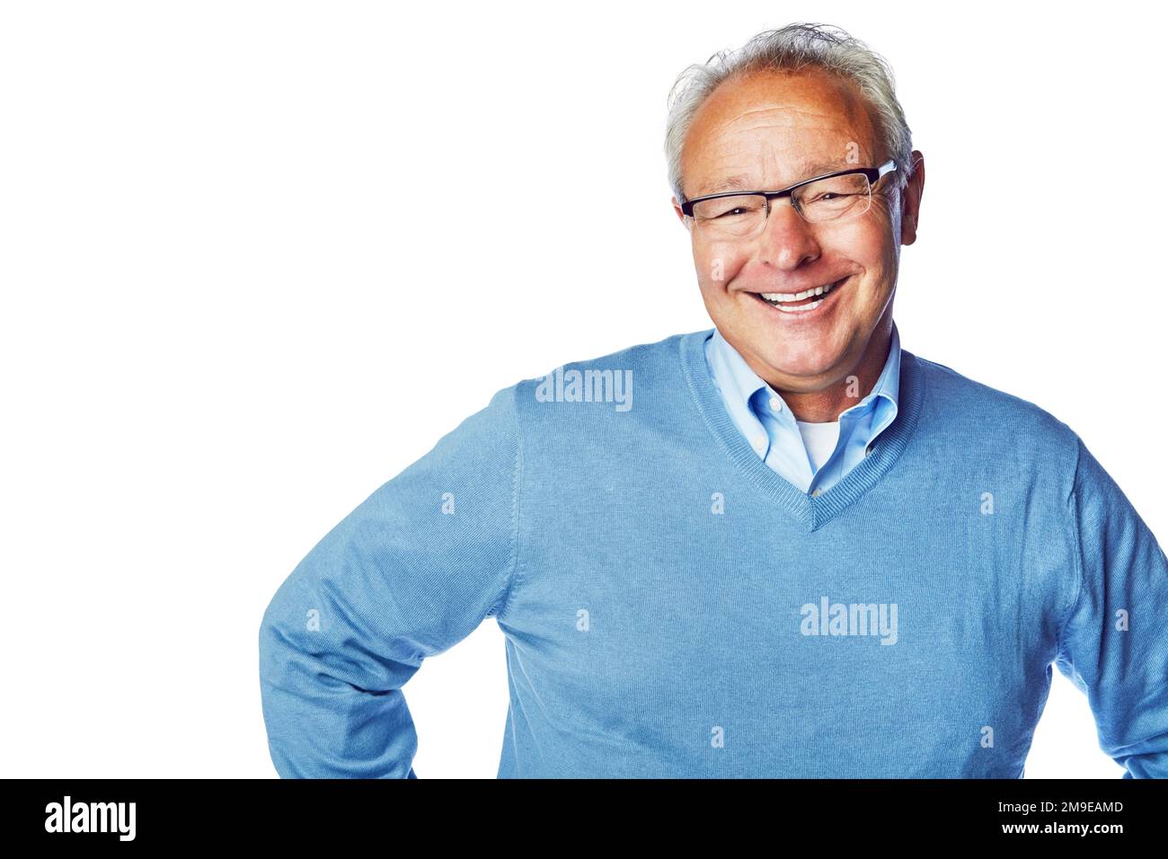 Elderly man, portrait and happy in retirement with success and lifestyle with smile isolated on ...