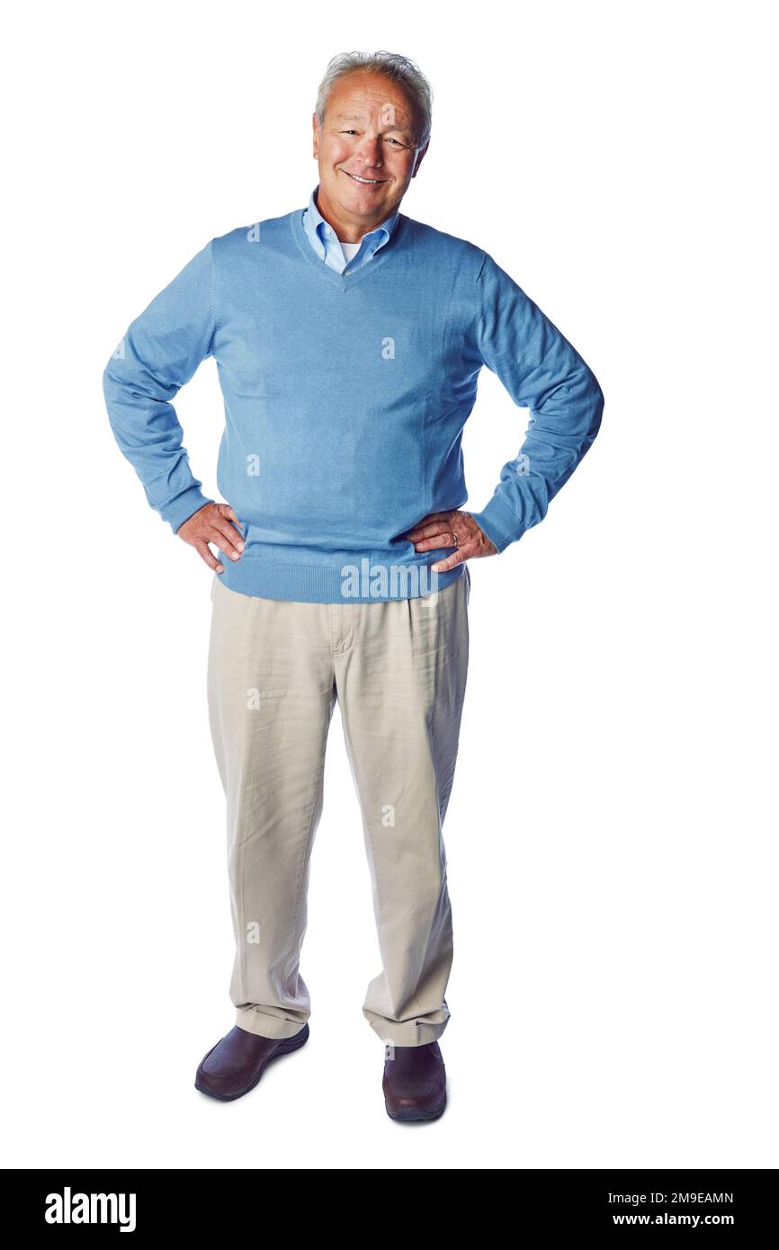 Elderly man, happy in portrait and retirement, life insurance and smile ...