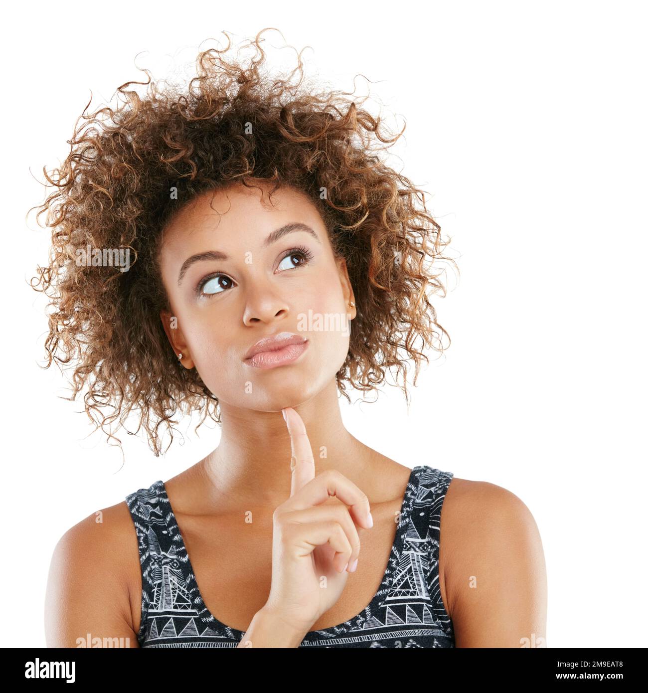 Thinking, idea and face of black woman on a white background with ...