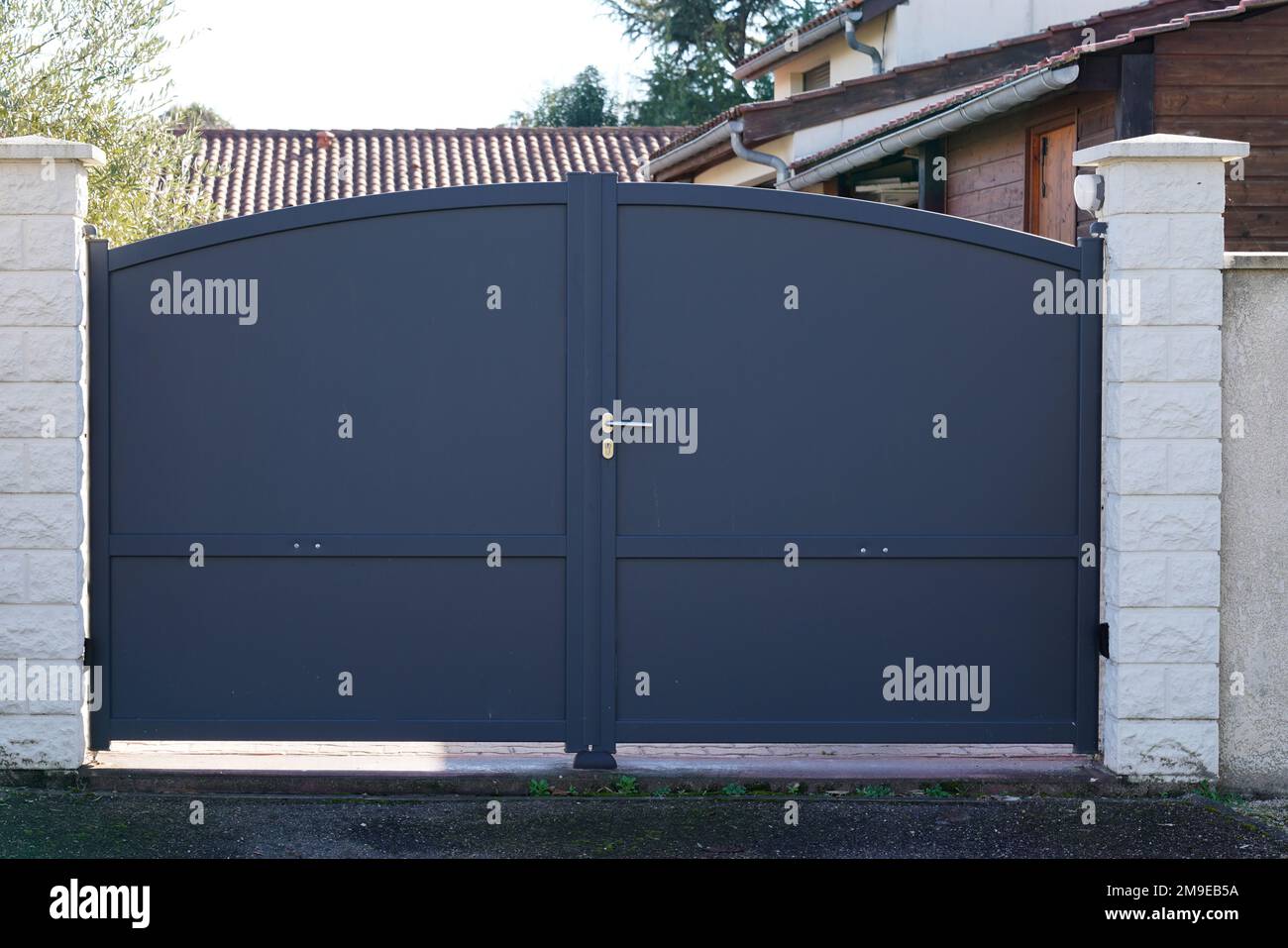 steel high grey round metal gate design gray modern suburb house Stock ...