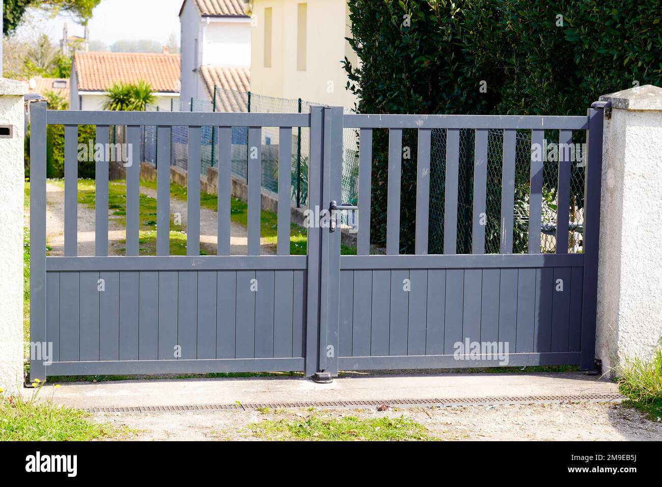 Aluminum modern style home gray gate portal of suburb grey door house ...