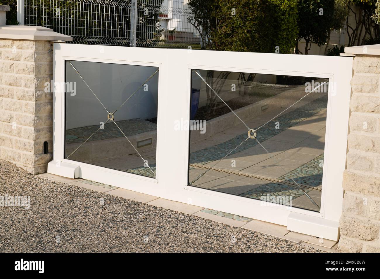 sliding glass portal street suburb home white metal aluminum house gate ...