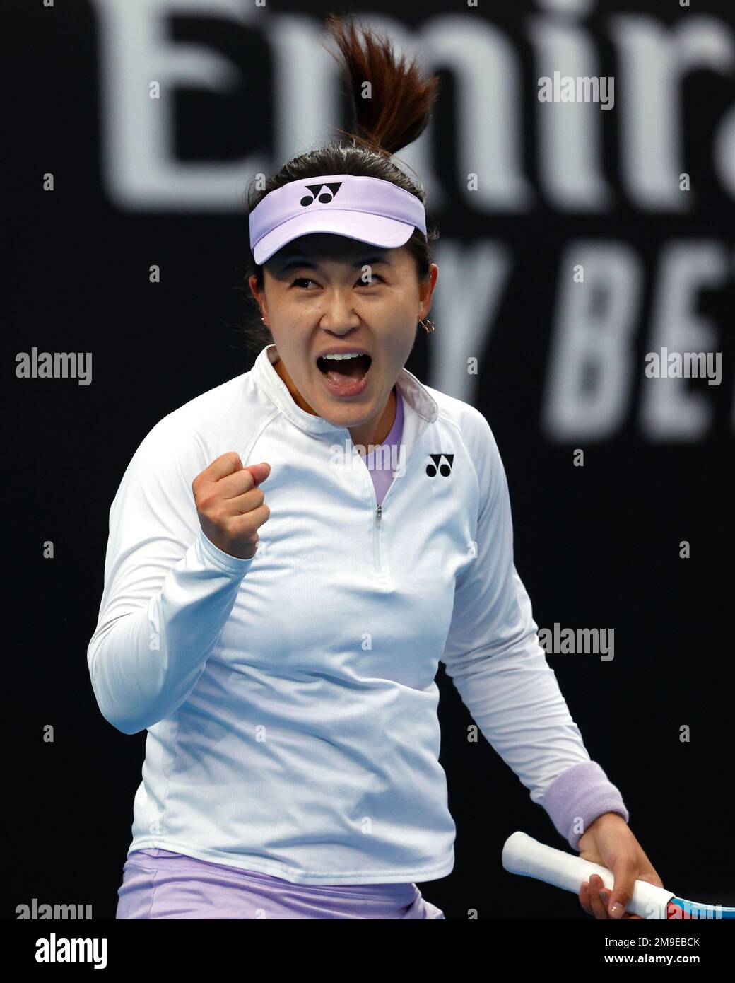 Zhu Lin of China reacts after defeating Jil Teichmann of Switzerland in ...