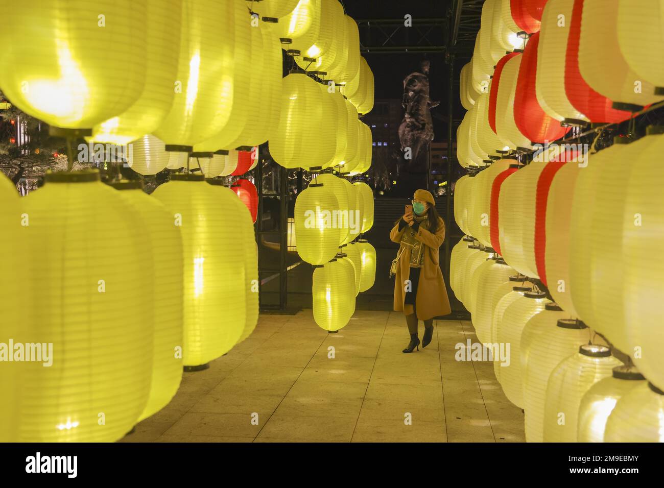 People enjoy festive lanterns in a park in Linyi City, east China's ...