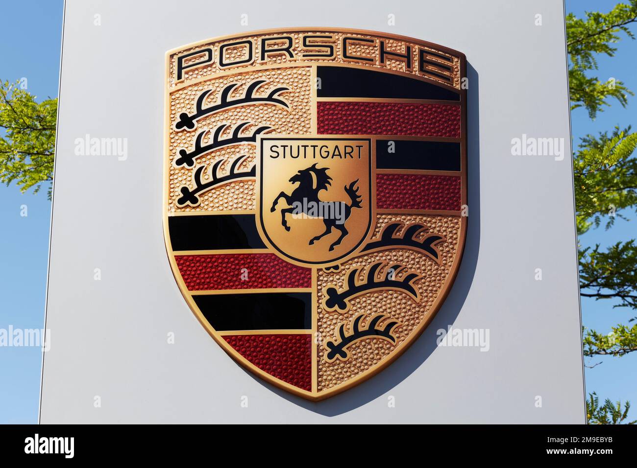 Porsche, three-dimensional logo on white column, Duesseldorf, North ...
