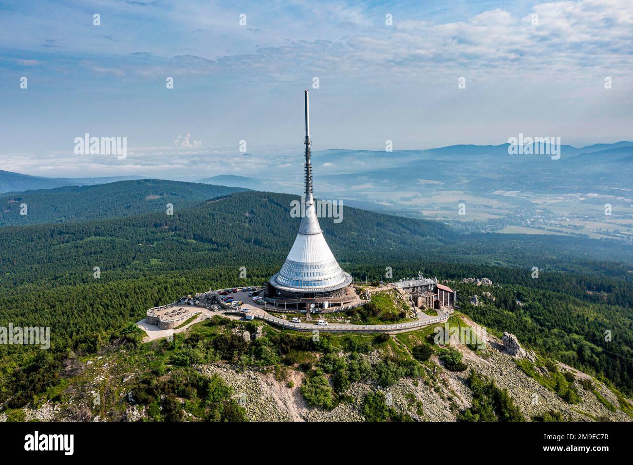 Aerial of the Jested TV tower, Highest mountain peak Jested, Czech ...