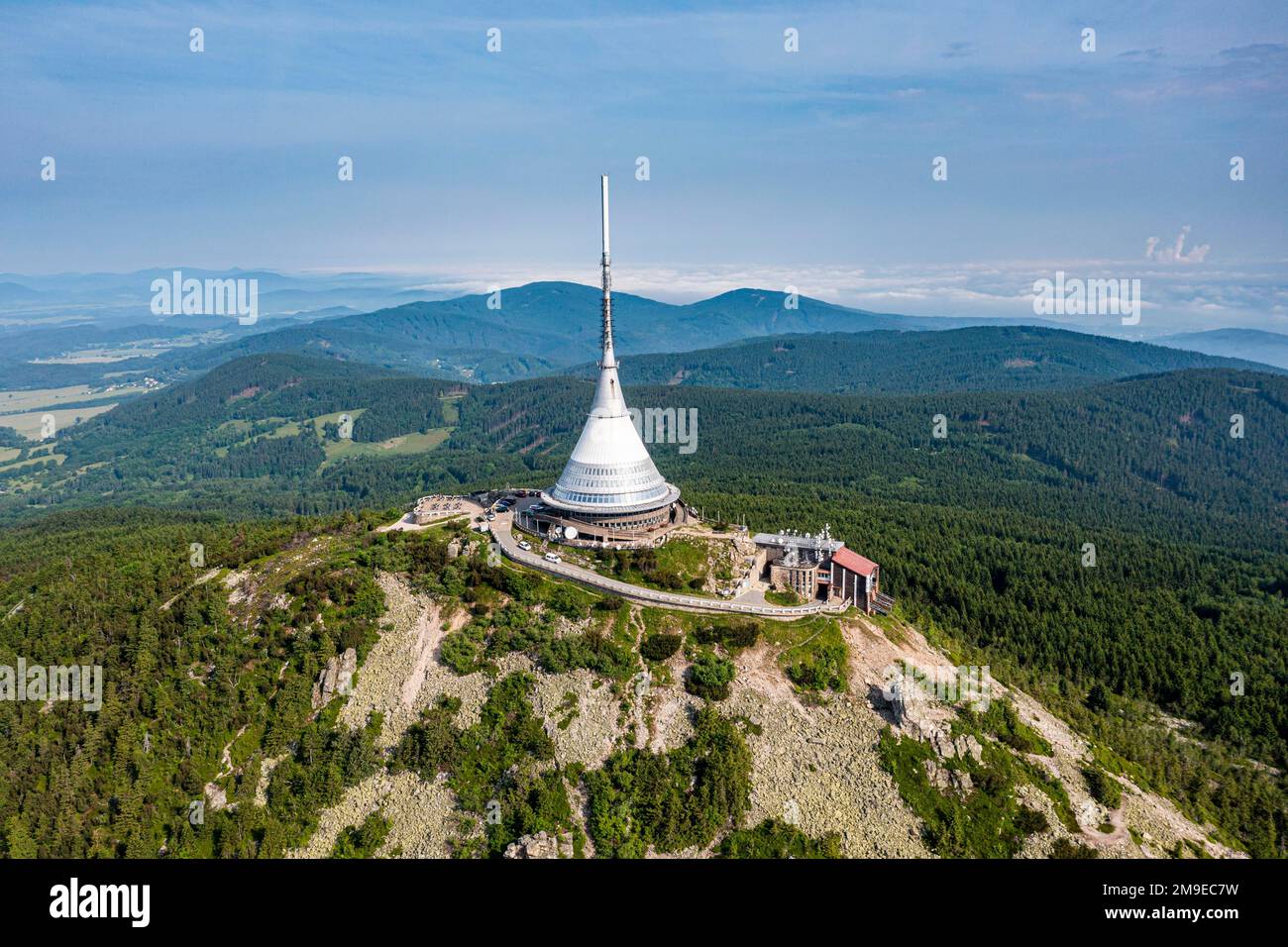Aerial of the Jested TV tower, Highest mountain peak Jested, Czech ...