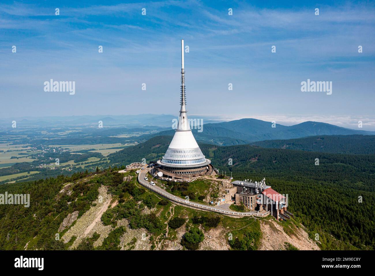 Aerial of the Jested TV tower, Highest mountain peak Jested, Czech ...