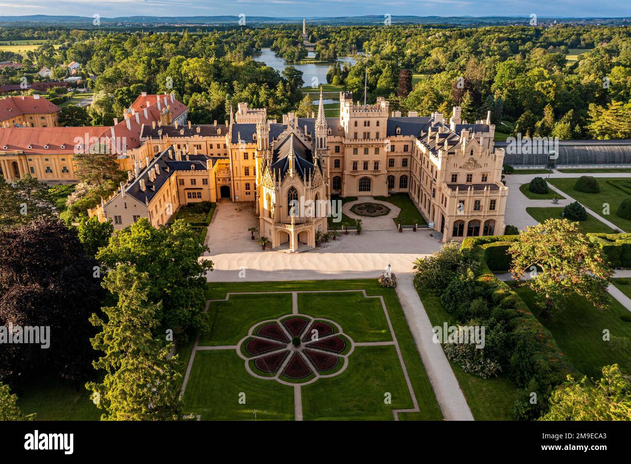 Aerial of Lednice palace, Unesco site, Ledniceâ€“Valtice Cultural Landscape, Czech Republic ...