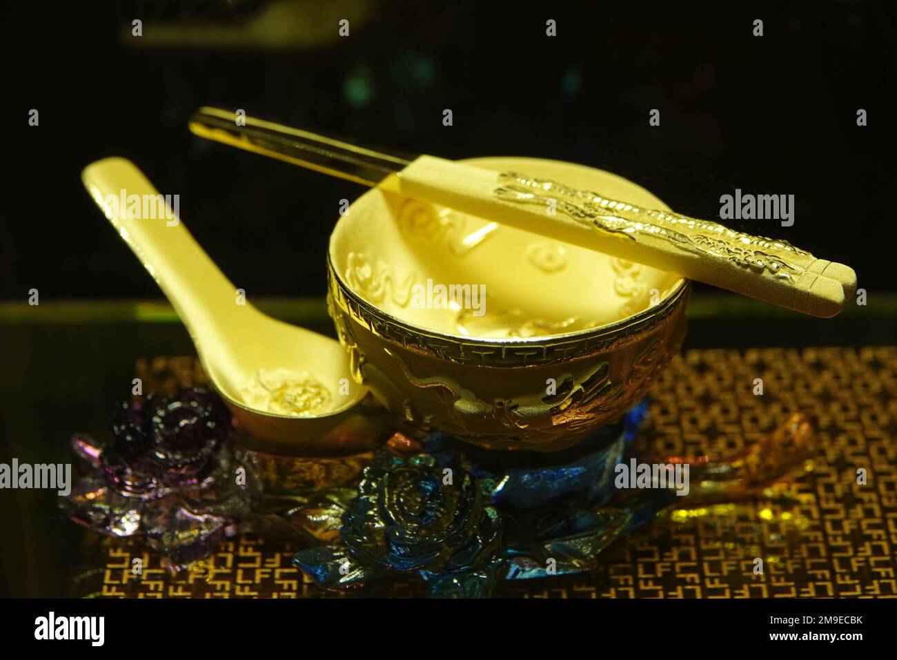 YICHANG, CHINA - JANUARY 18, 2023 - Auspicious New Year gold ornaments ...