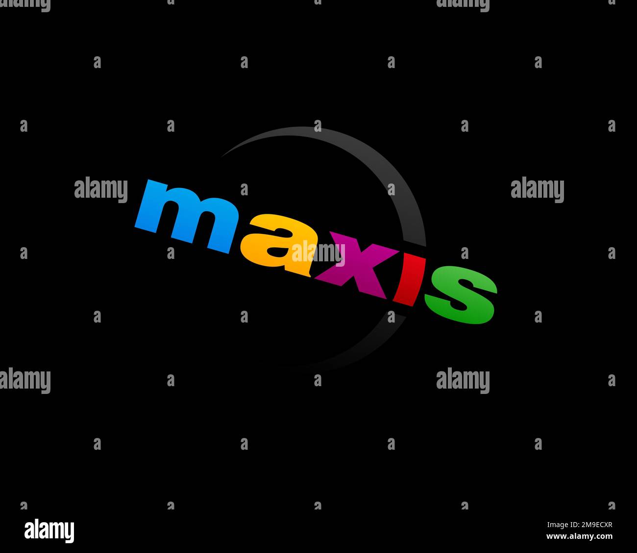 Maxis, rotated logo, black background B Stock Photo - Alamy