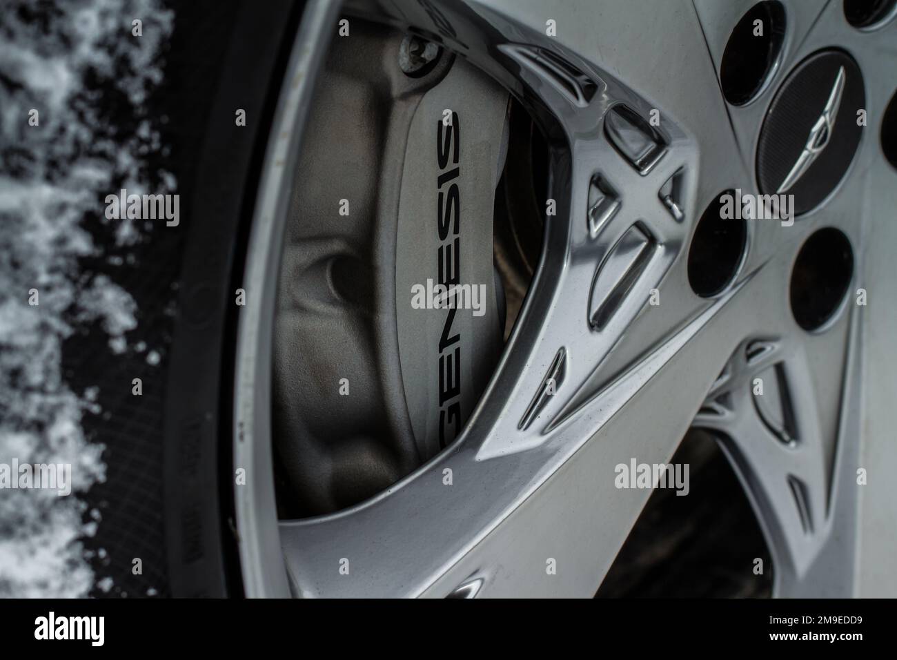 MOSCOW, RUSSIA - DECEMBER 04, 2021 Genesis GV80 (JX1) brakes calipers ...