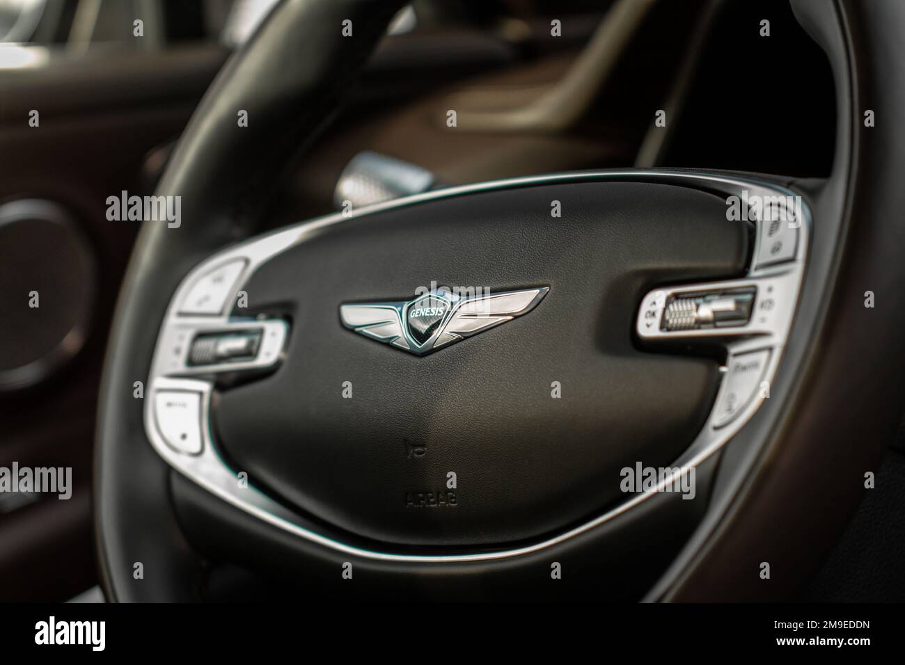 MOSCOW, RUSSIA - DECEMBER 04, 2021 Genesis GV80 (JX1) steering wheel ...
