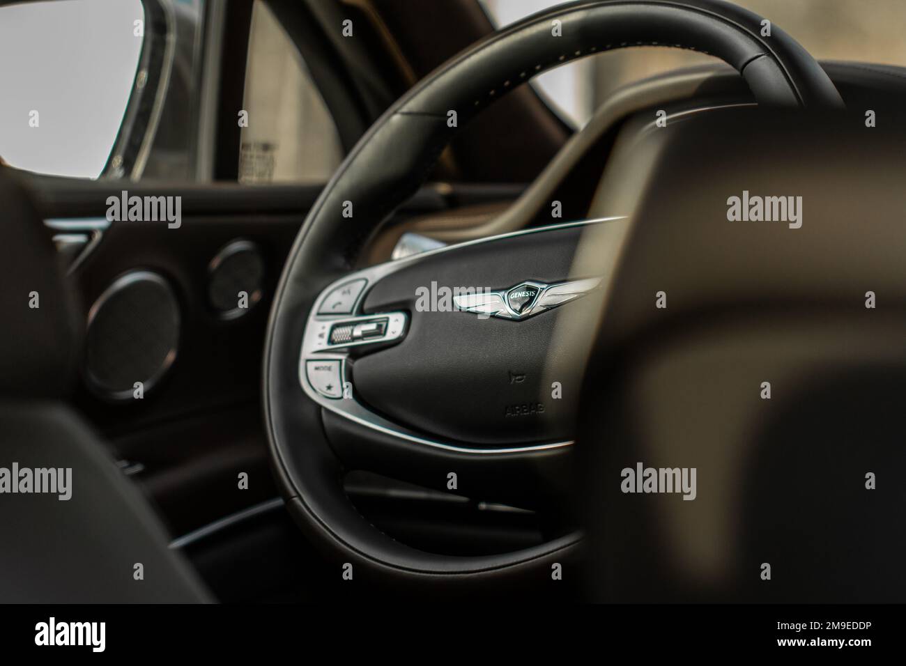 MOSCOW, RUSSIA - DECEMBER 04, 2021 Genesis GV80 (JX1) steering wheel ...