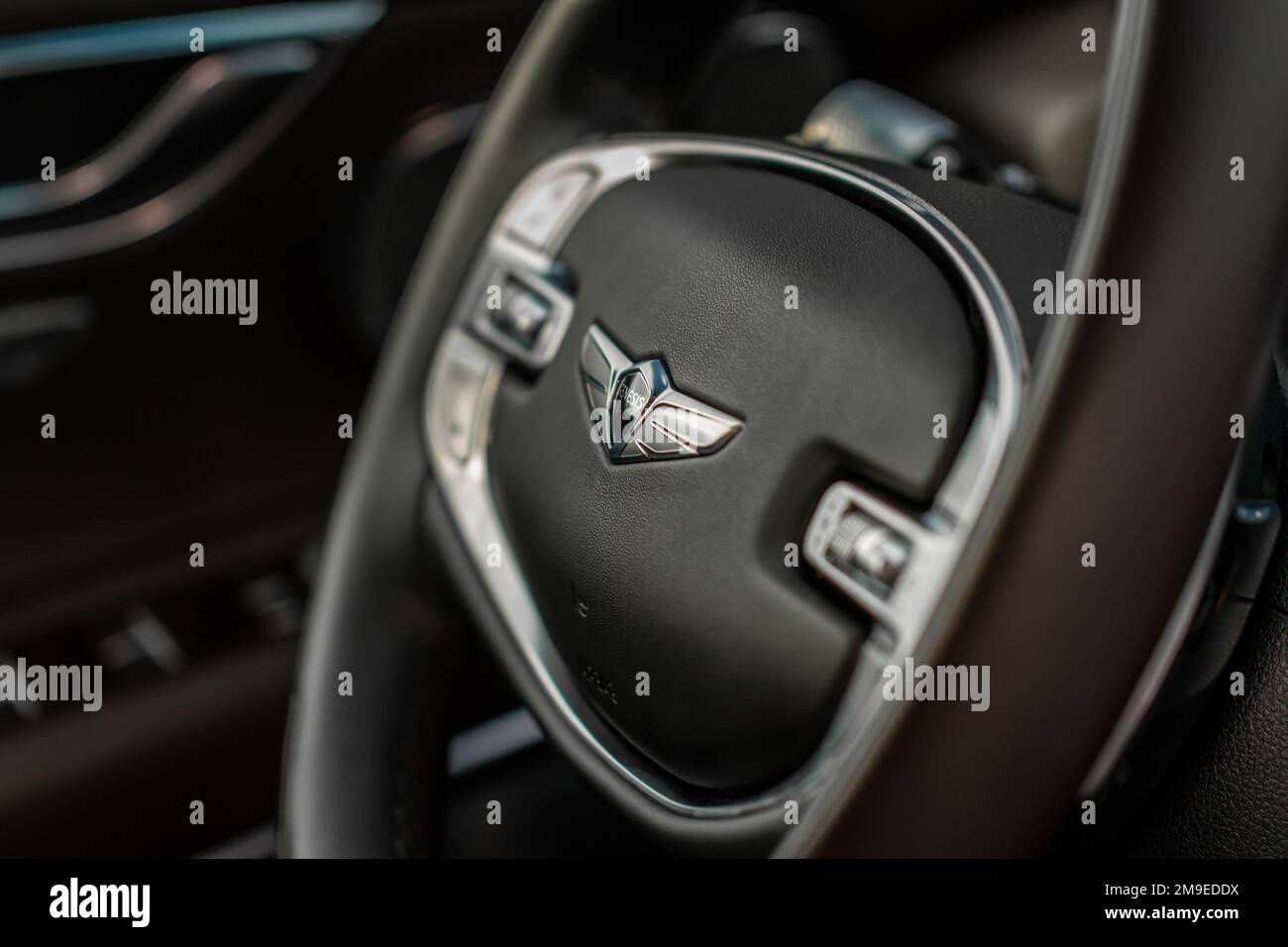 MOSCOW, RUSSIA - DECEMBER 04, 2021 Genesis GV80 (JX1) steering wheel ...