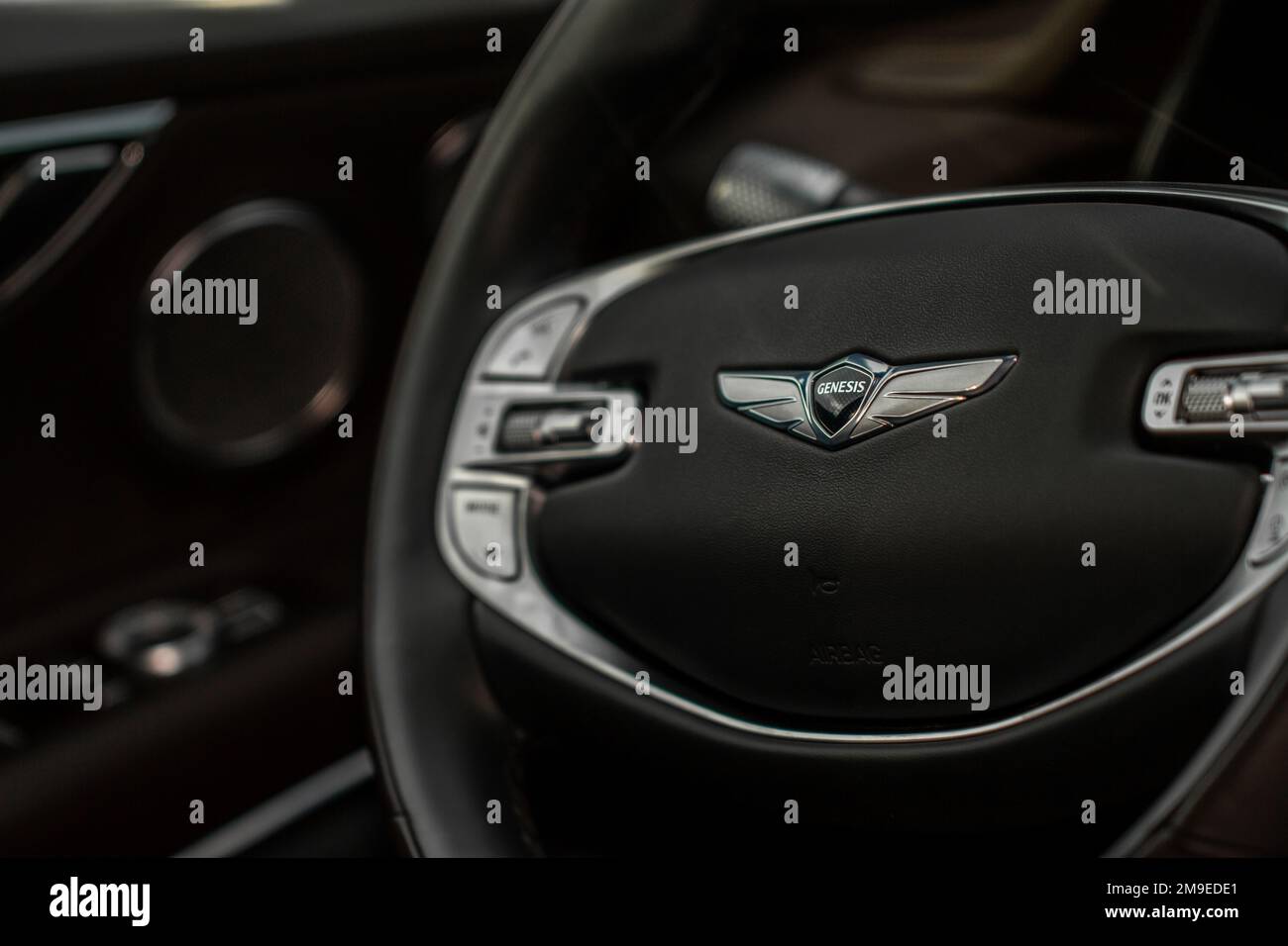 MOSCOW, RUSSIA - FEBRUARY 05, 2022 Genesis GV80 (JX1) steering wheel ...