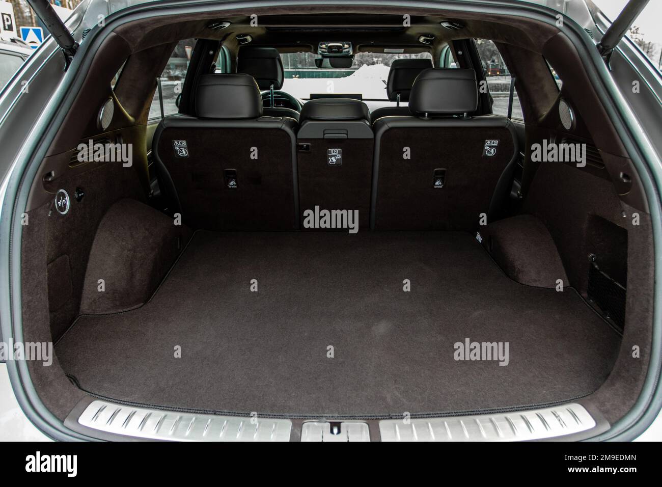 Huge, clean and empty car trunk in interior of compact suv. Rear view ...