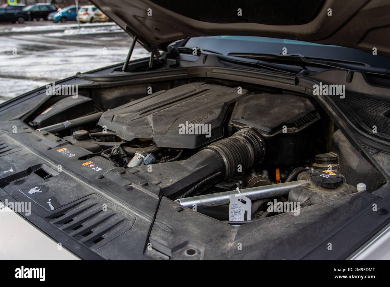 Car engine before washing. Dirty auto parts. Dusty automobile engine ...