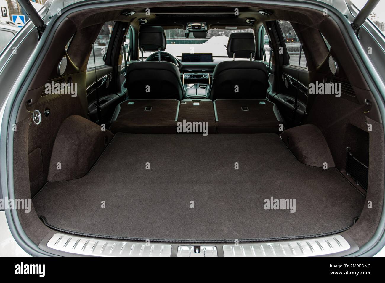 Huge, clean and empty car trunk in interior of compact suv. Rear view ...