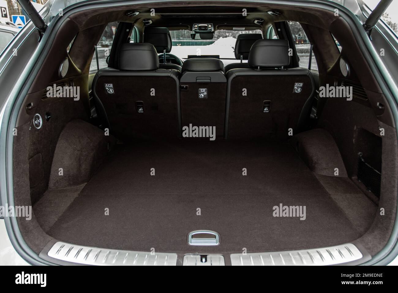 Huge, clean and empty car trunk in interior of compact suv. Rear view ...