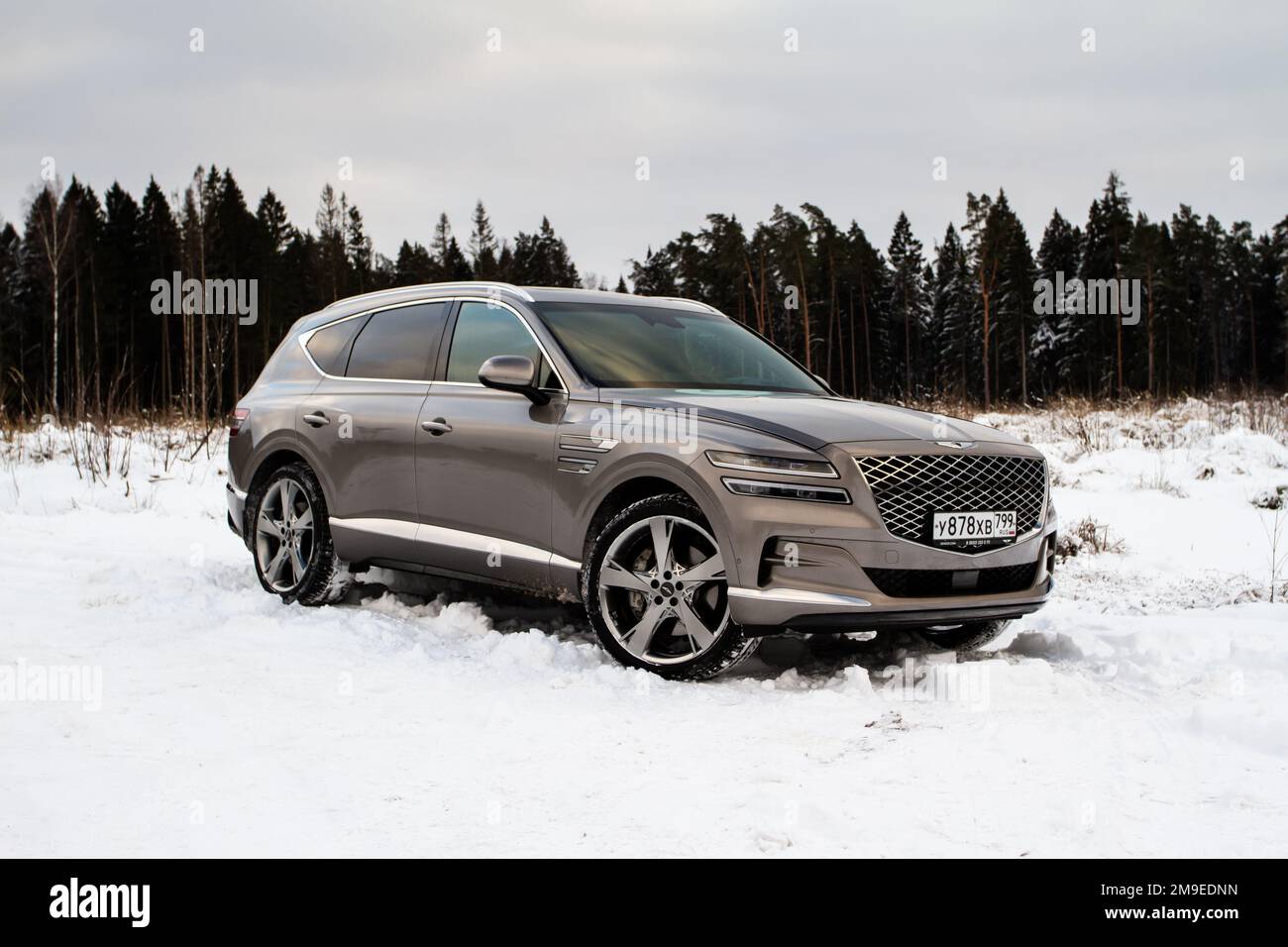MOSCOW, RUSSIA - DECEMBER 04, 2021 Genesis GV80 (JX1), subcompact luxury SUV car. Exterior front ...