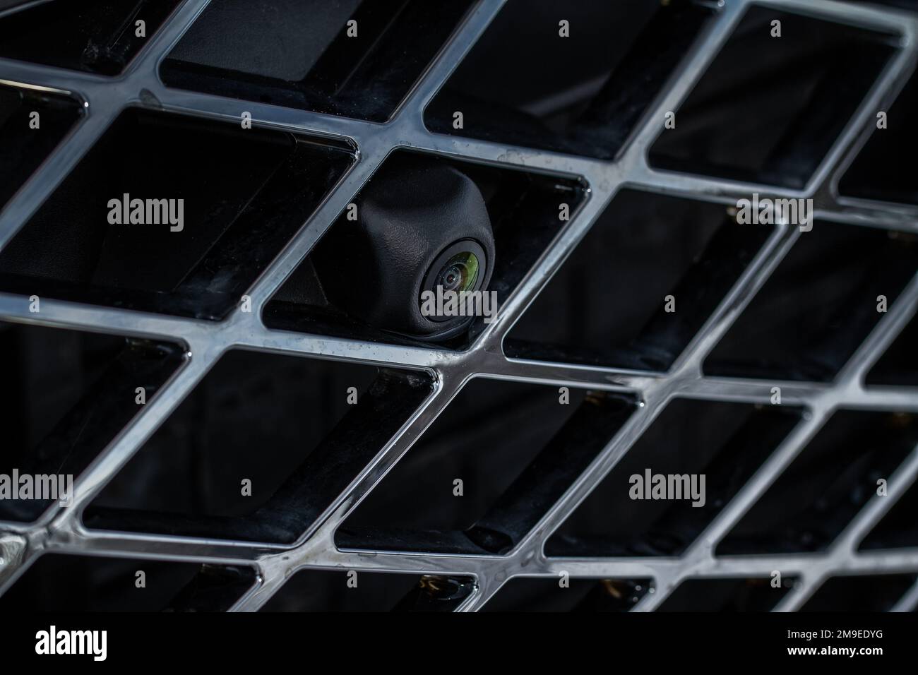 Front view camera. Modern car front view camera close up. Parking ...