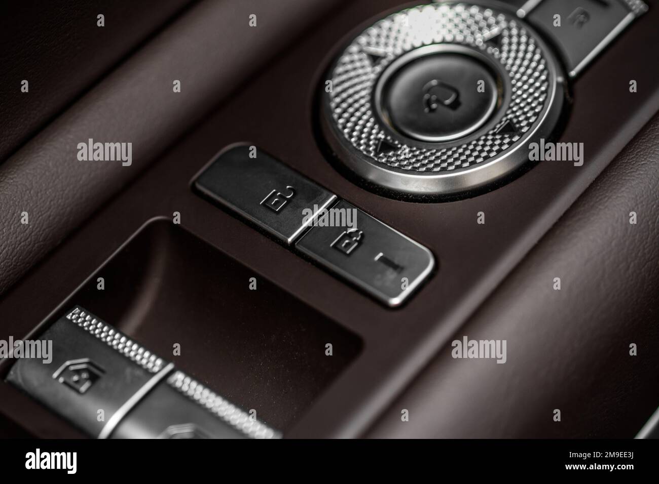 Car central door lock and unlock button close up. Close and open signs ...