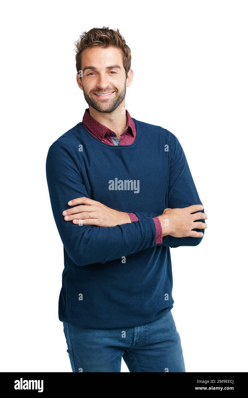 Happy, handsome and portrait of man with arms crossed isolated on a ...