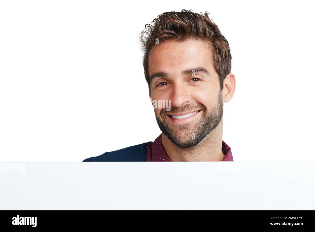 Man, smile and portrait of a model face with happiness and mock up ...