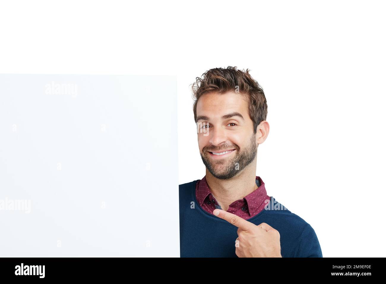 Studio portrait, pointing and business man poster for marketing ...