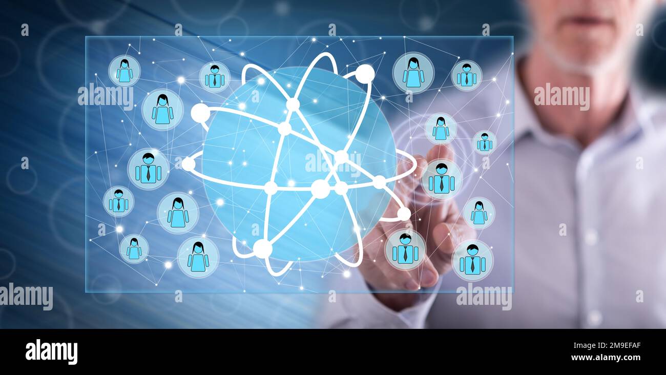 Man touching a global social network concept on a touch screen with his ...