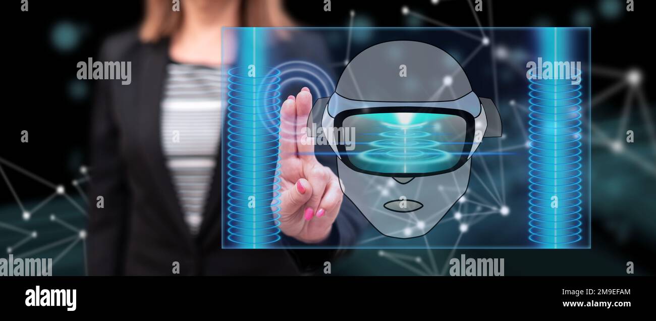 Woman touching a virtual reality concept on a touch screen with her ...