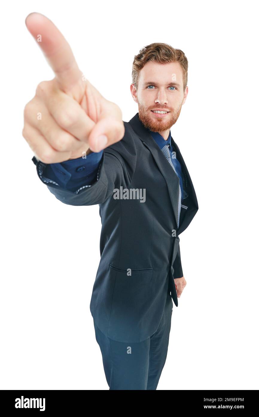 Businessman, studio portrait and pointing with hand for vision, future ...