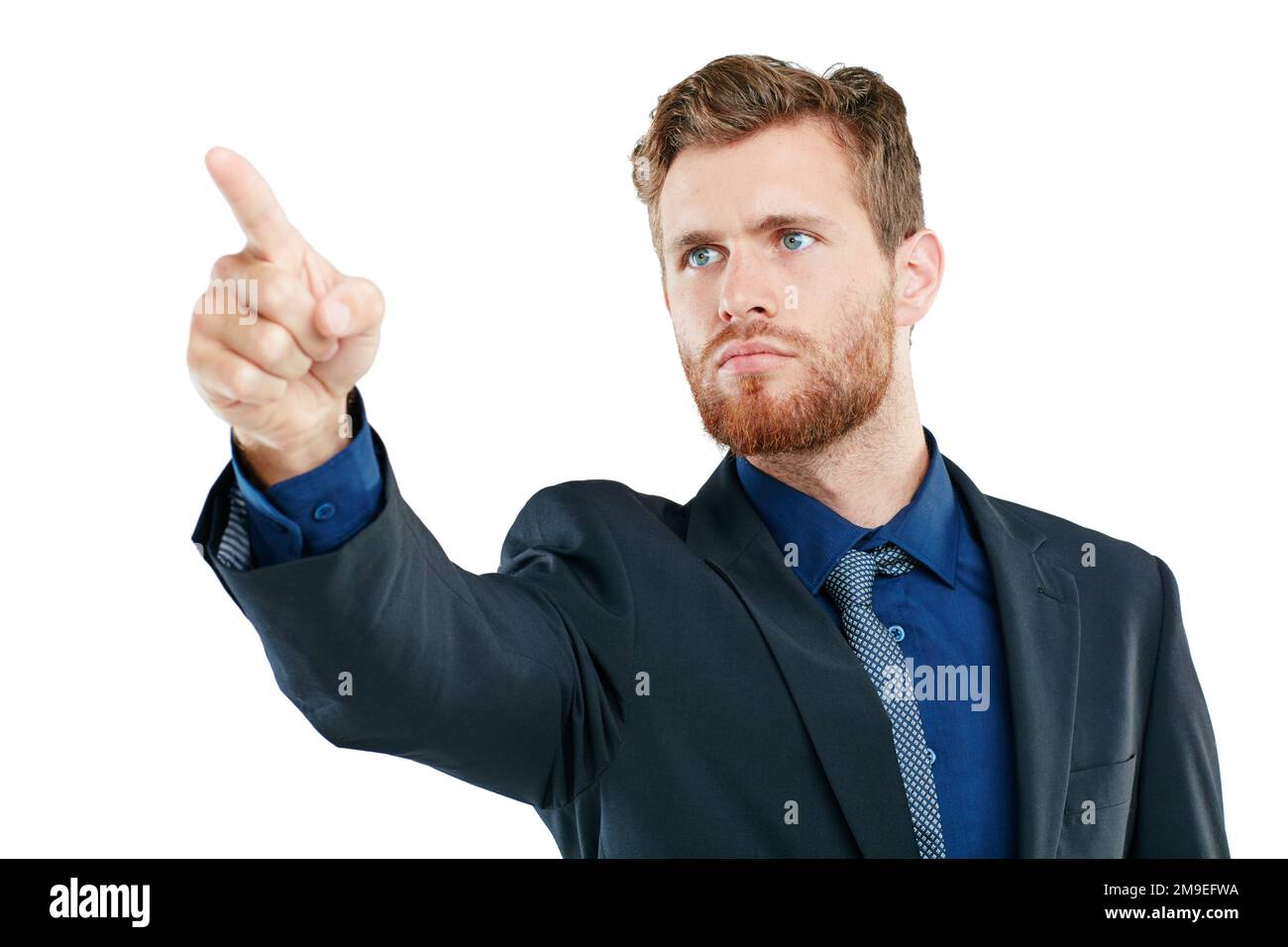 Mockup, business and man pointing, serious or guy isolated on white ...