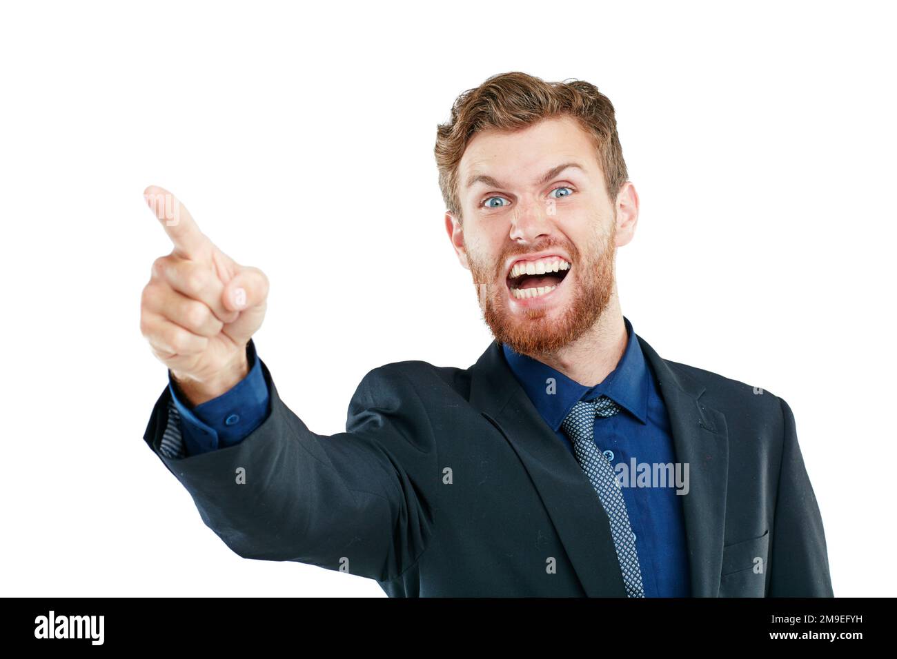 Portrait, angry and businessman pointing in studio, frustrated and ...