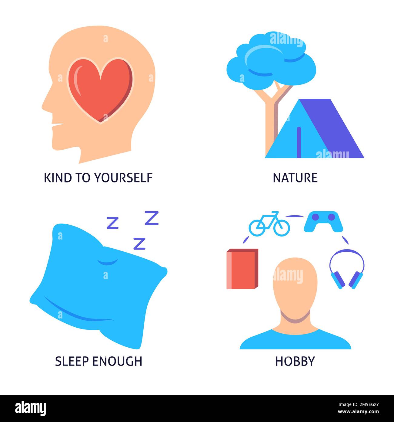 Stress relief ways icon set. Keeping good mental health. Vector ...