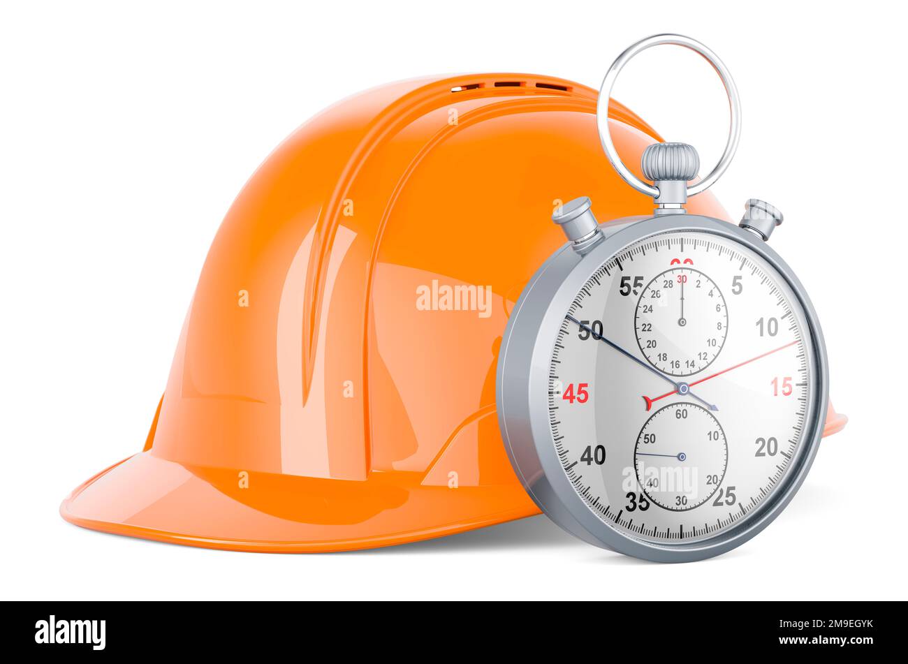 Construction Orange Hard Hat with stopwatch. 3D rendering isolated on ...