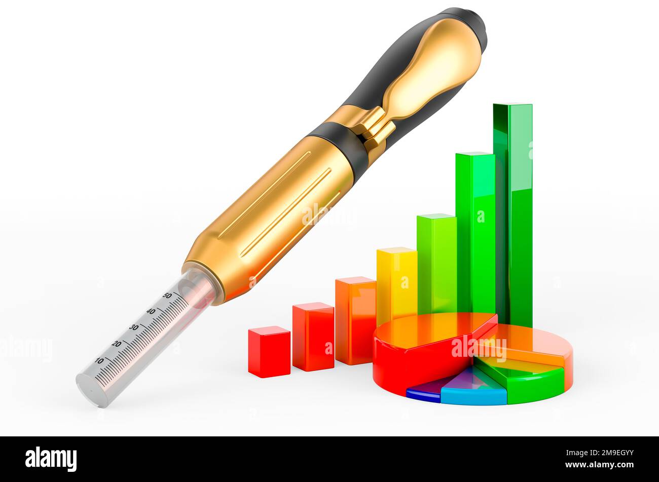Hyaluronic pen with growth bar graph and pie chart. 3D rendering ...