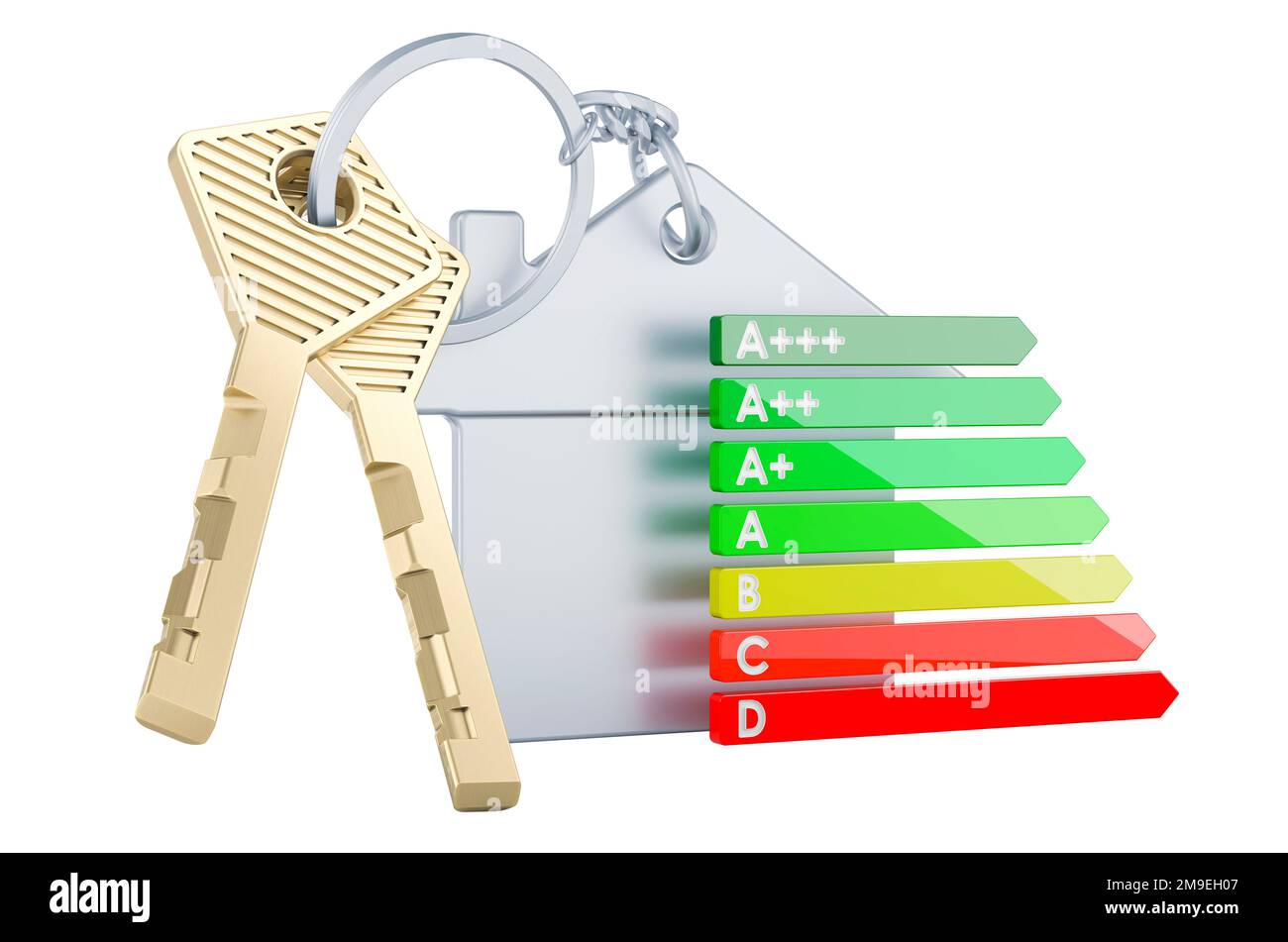 Home key with keychain with energy efficiency chart, 3D rendering ...