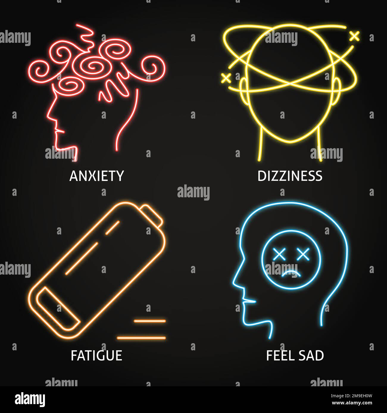 Neon stress and depression symptoms icon set. Vector illustration Stock ...
