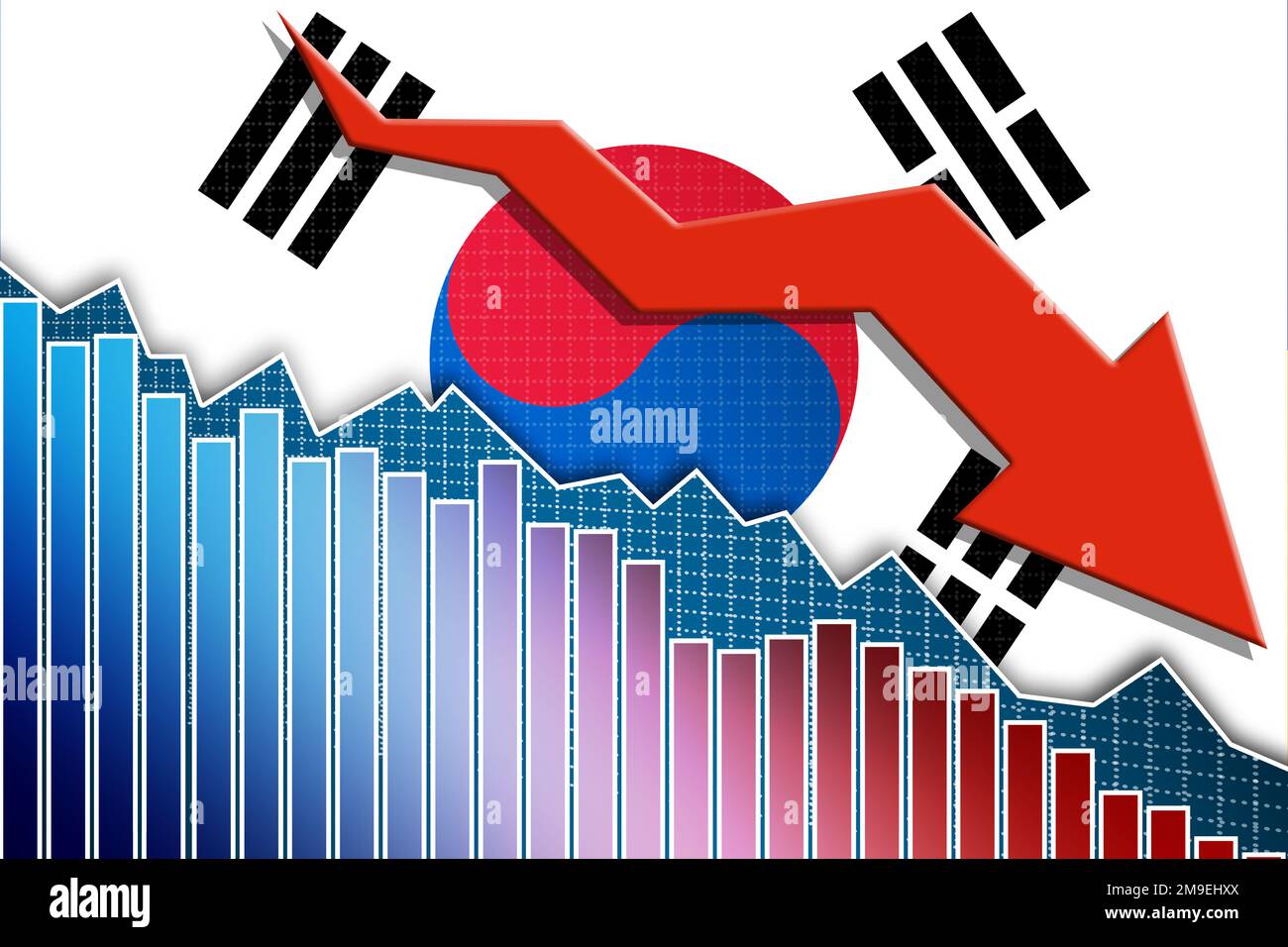 Economy of South Korea falling down with arrow and flag, 3d rendering ...