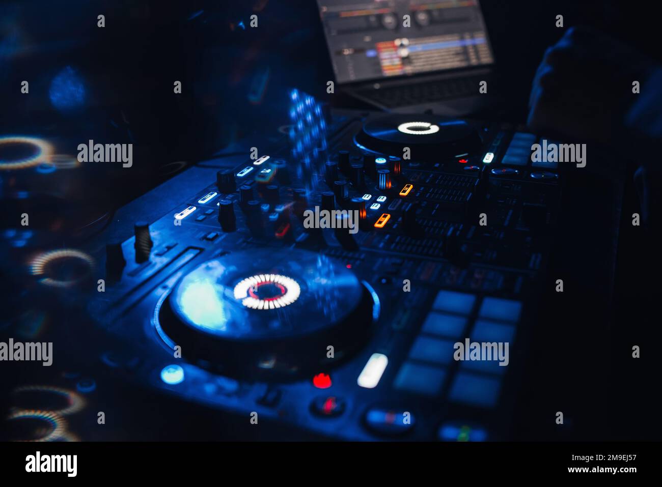 DJ controller panel on for professional music and sound mixing Stock ...