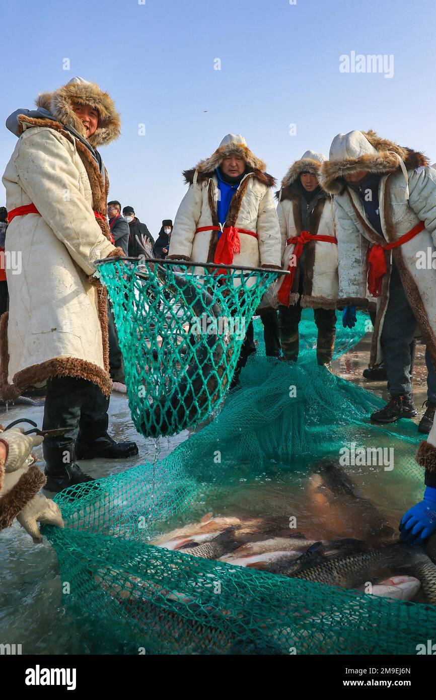 Fishermen catch fish at the frozen Bosten Lake in Bohu County ...