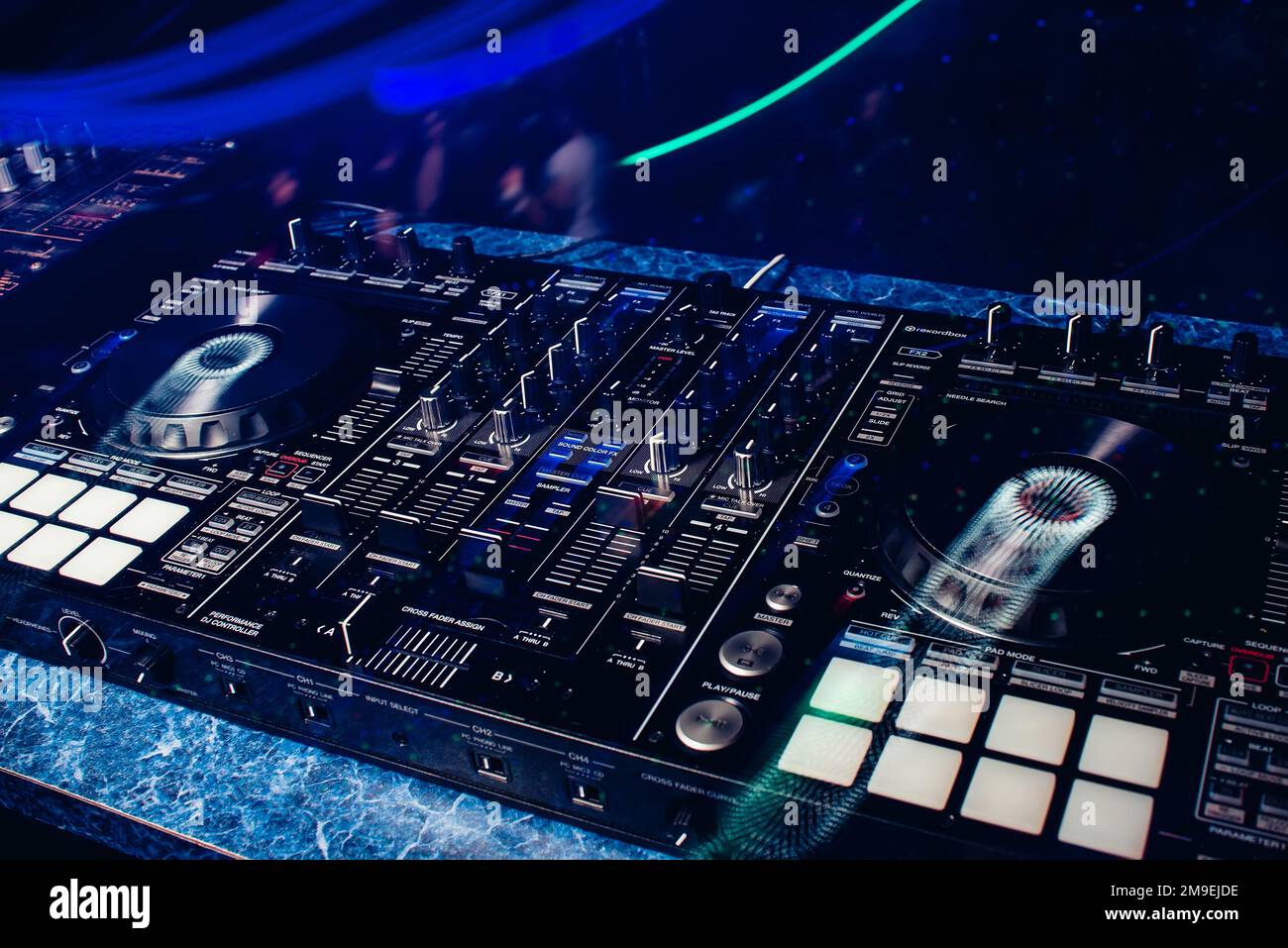 DJ controller panel on for professional music and sound mixing Stock ...