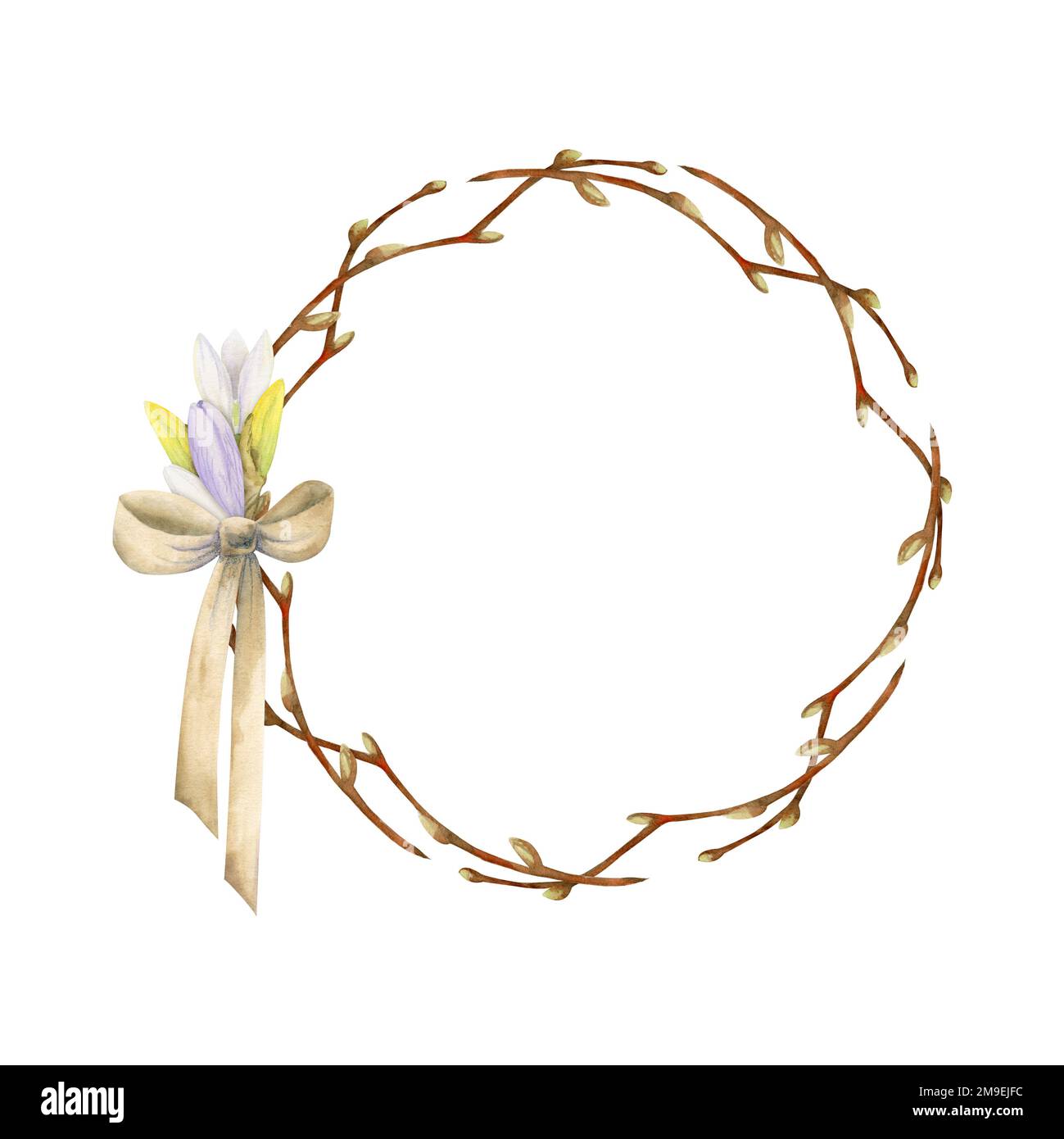 Watercolor hand drawn circle wreath with spring flowers, daffodils ...