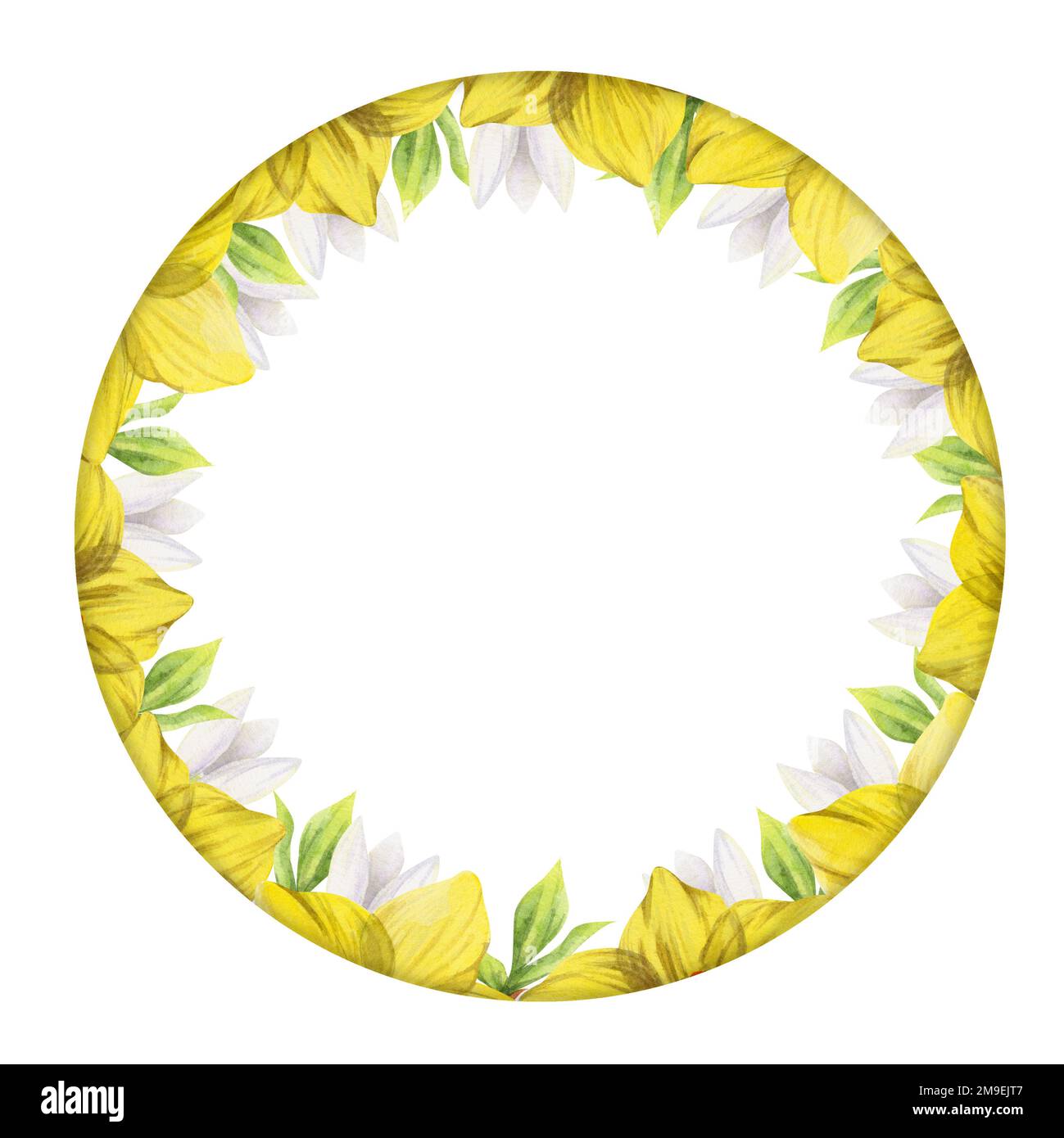 Watercolor hand drawn circle wreath with spring flowers, daffodils ...