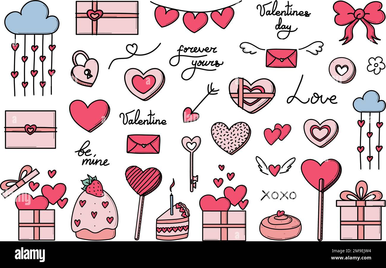 Valentines day vector hand drawn set of doodles. Cute romantic love ...